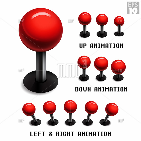 Classic red arcade game joystick with animated stills in up, down, left ...
